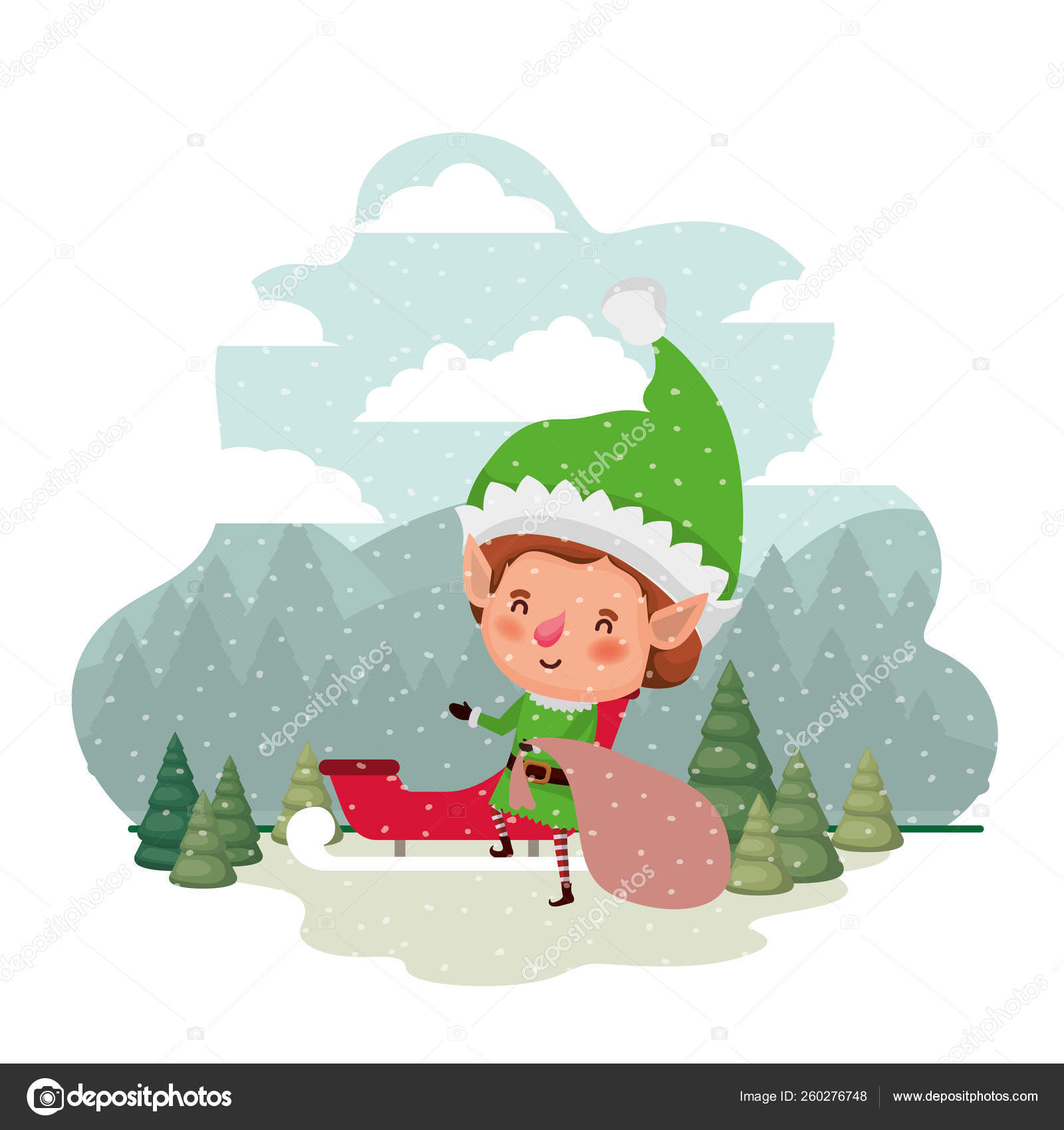 Elf with sleigh and christmas trees with falling snow Stock Vector by ...