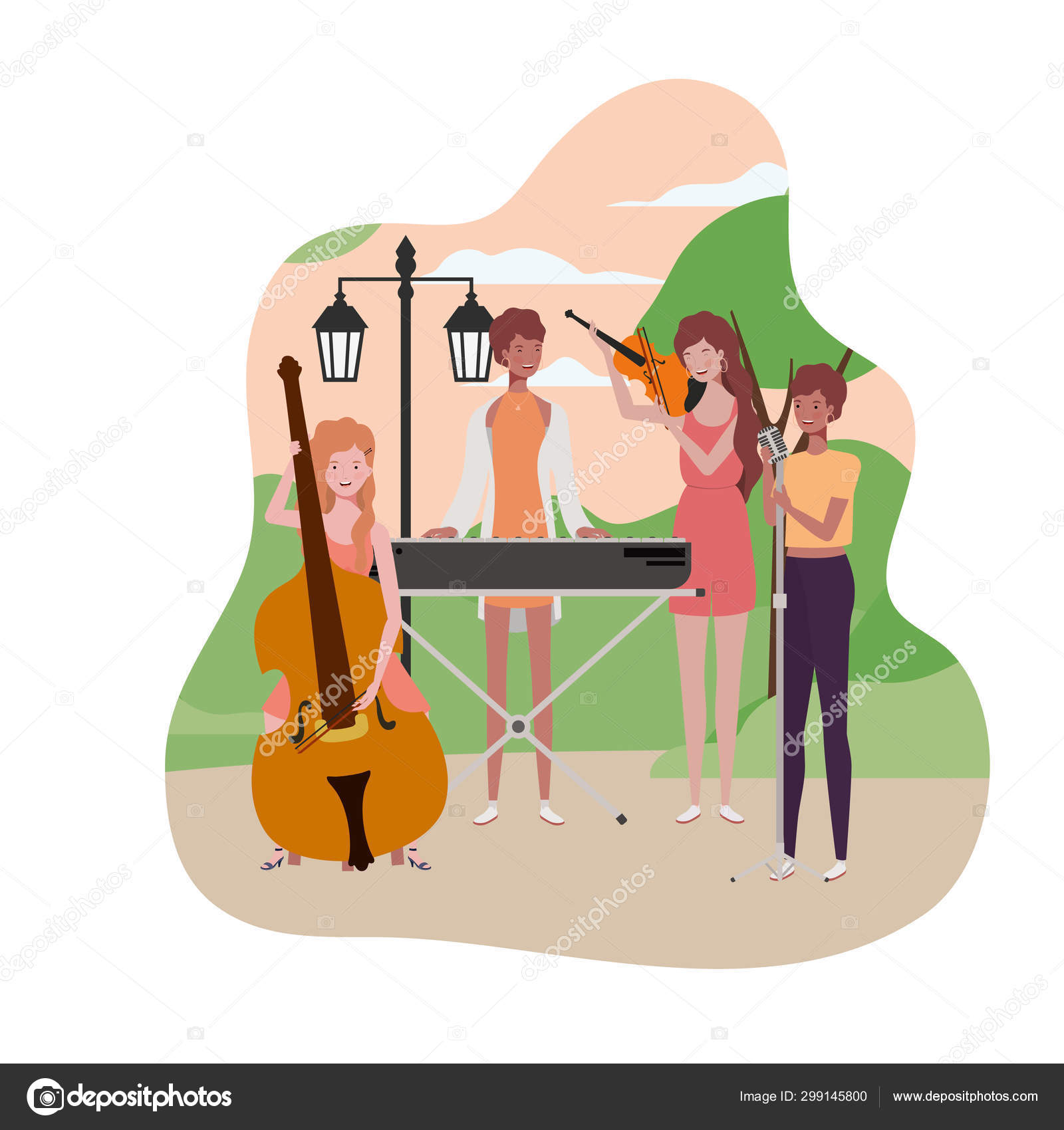 Women with musical instruments and background landscape Stock Vector ...