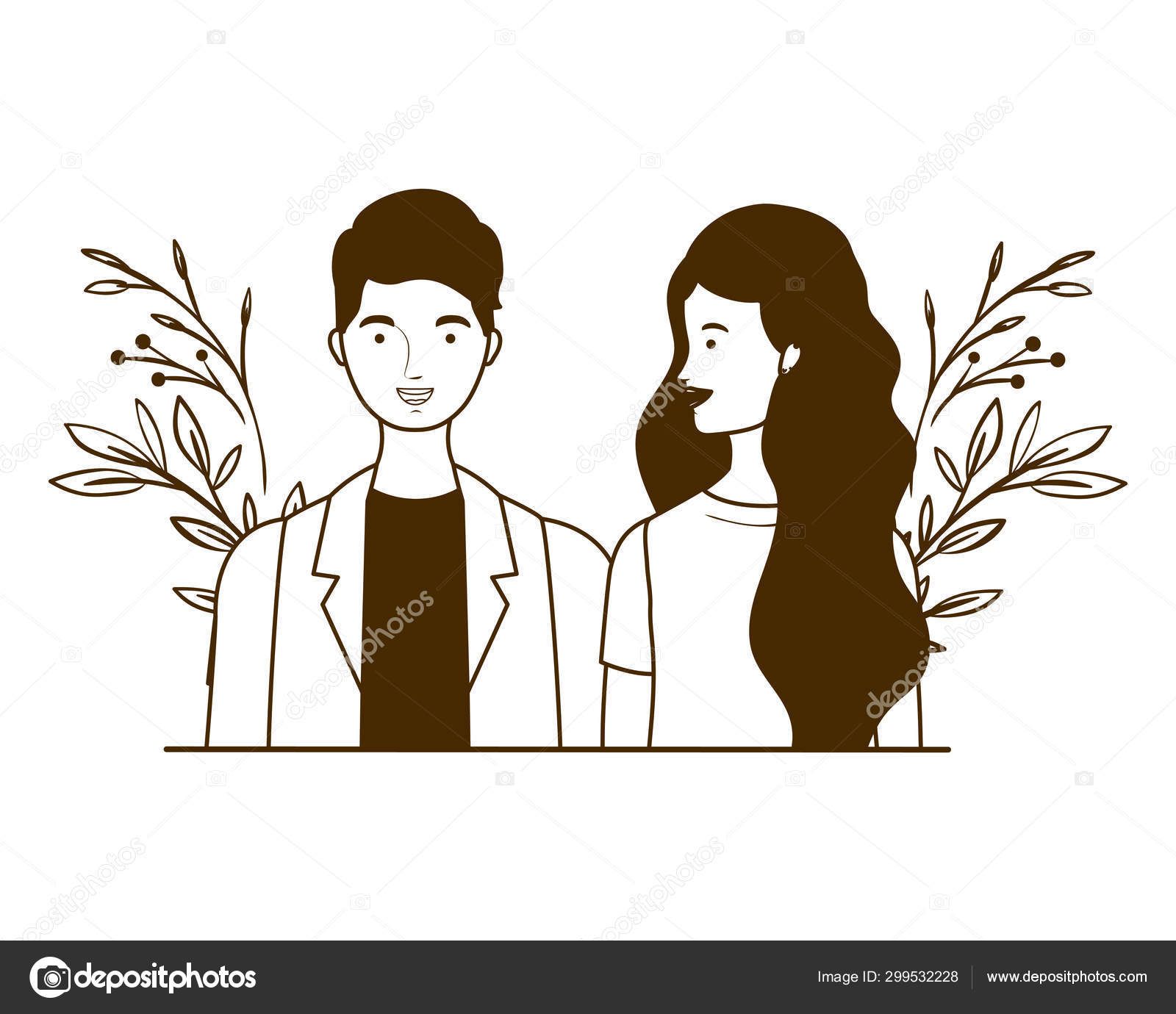 Couple of people with landscape of branches and leaves of background ...