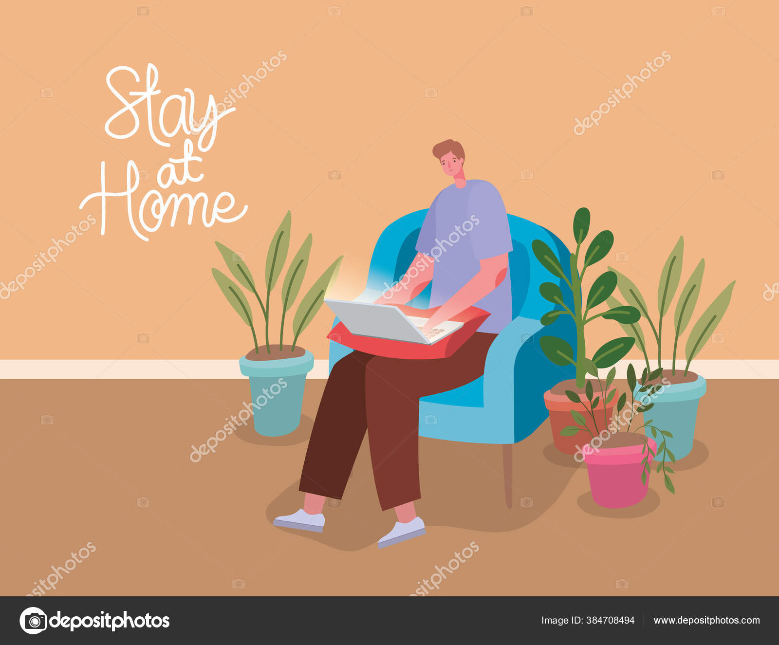 Man cartoon with laptop on chair at home vector design Stock Vector ...