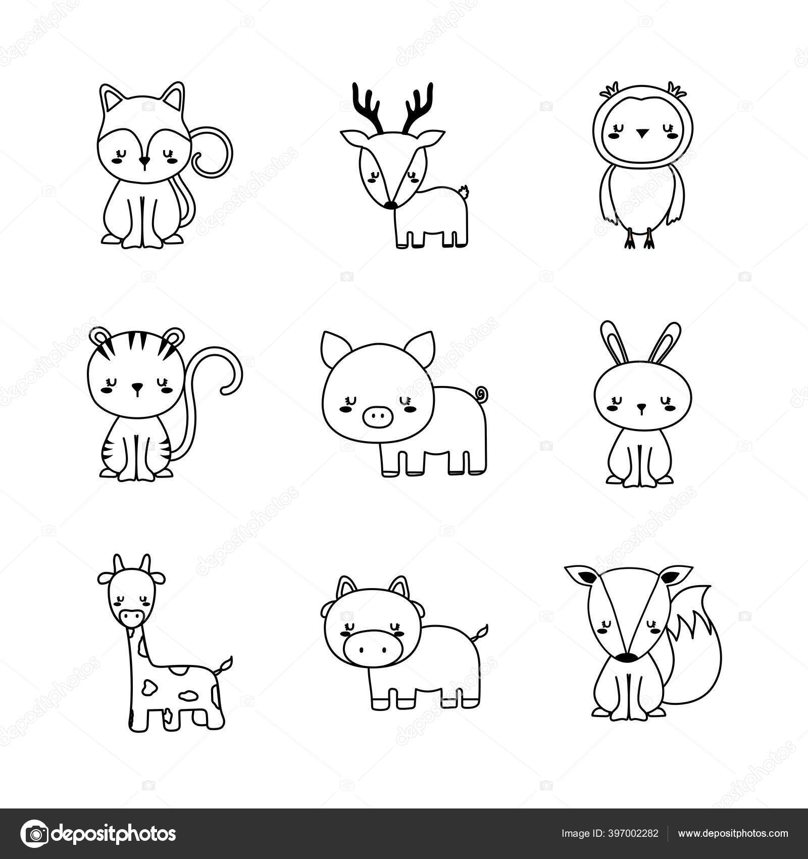 Cute animals cartoons line style icon set vector design Stock Vector ...
