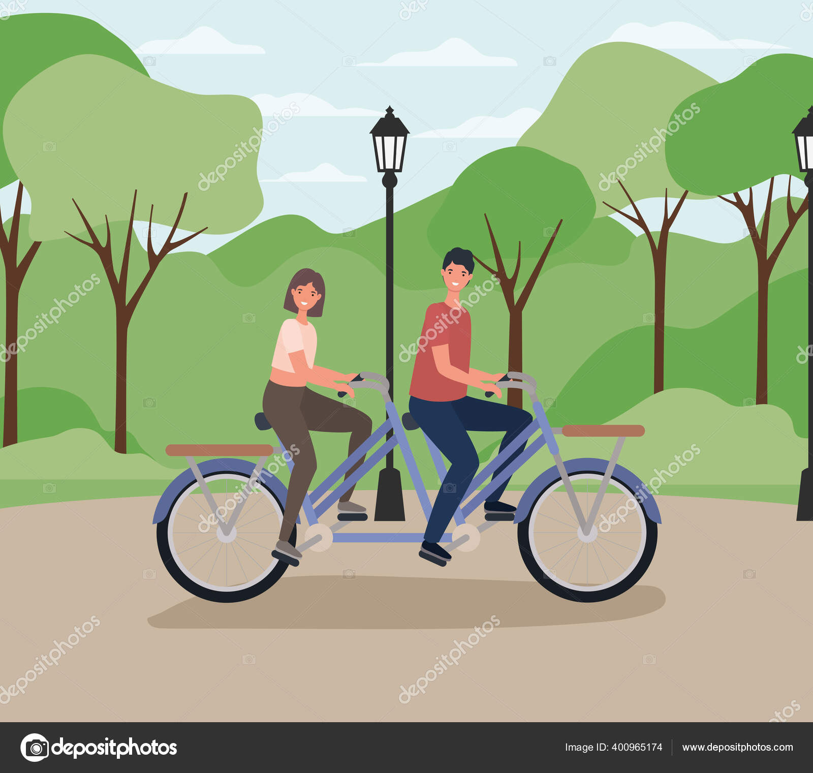 Woman and man cartoons riding double bike at park with lamp vector ...