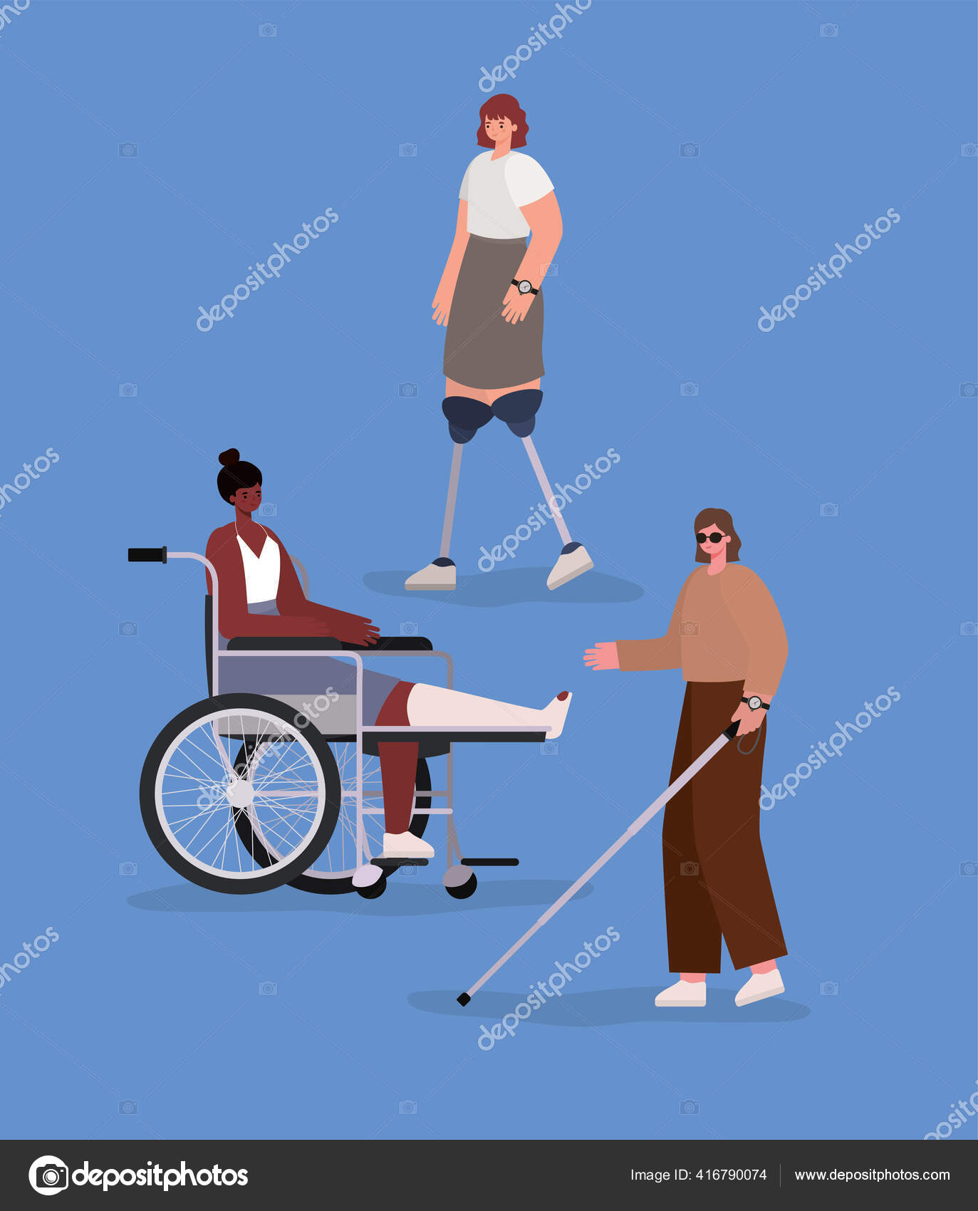 Disability women cartoons with wheelchair prosthesis cane and cast ...