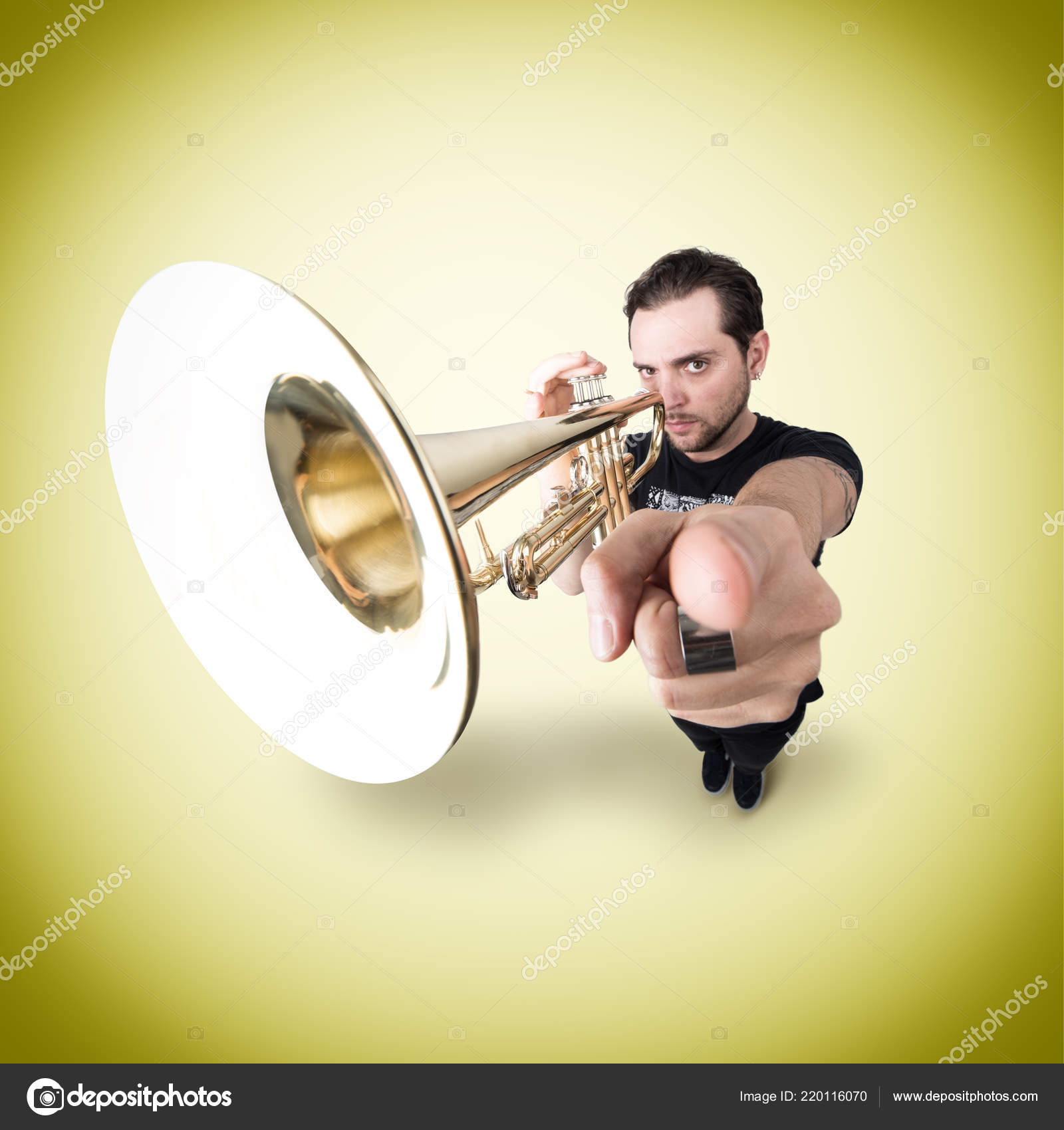 Funny Man Playing Trumpet Pointing Finger Camera Stock Photo by ...