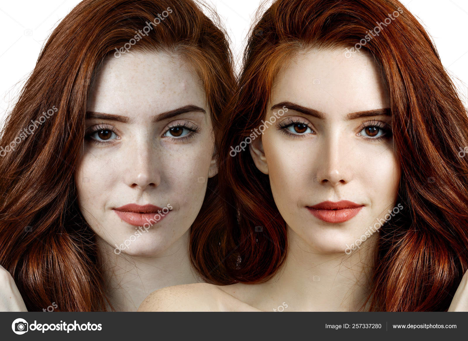 Comparison portrait of young woman before and after retouch. Stock ...