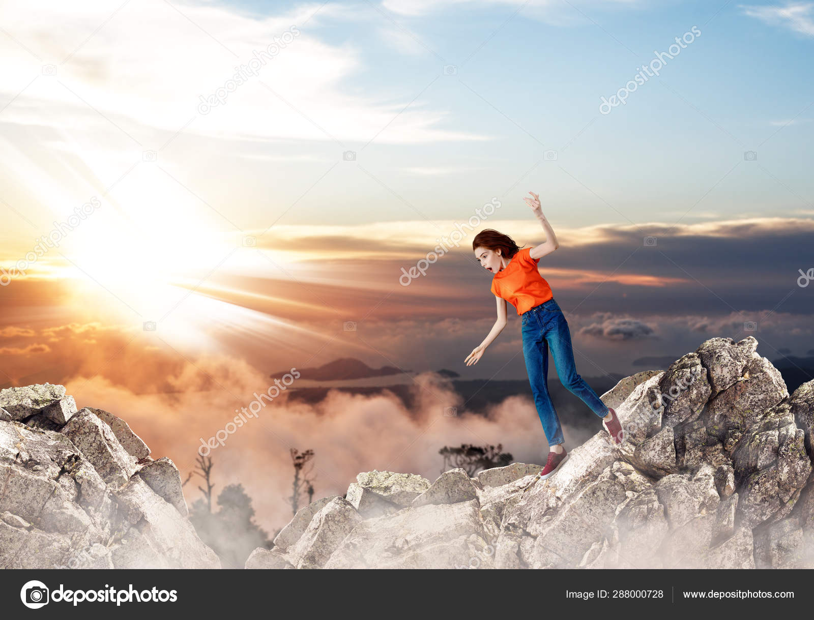 Woman stumbled on the rocks and going to falls down. Stock Photo by ...