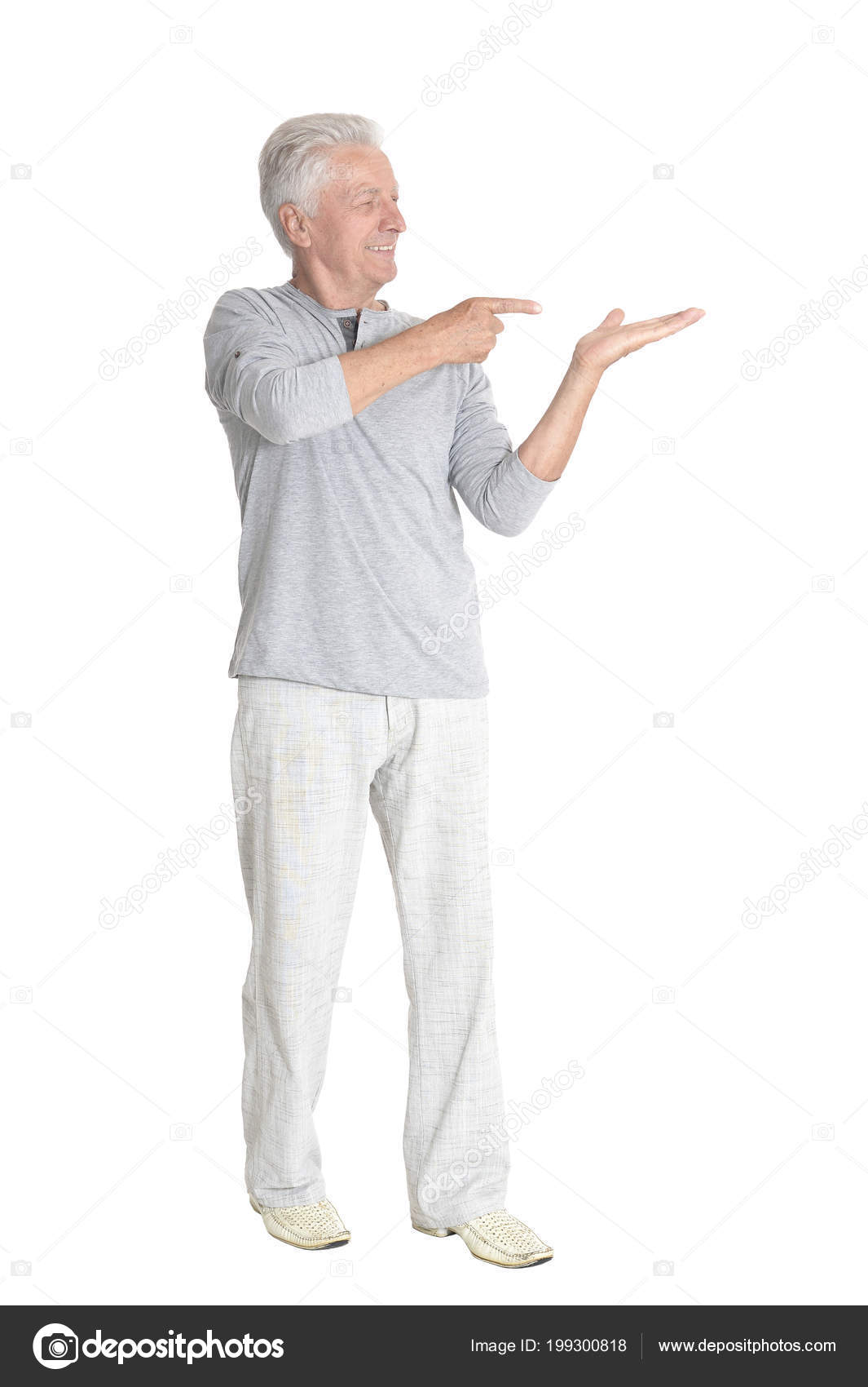 Portrait Senior Man Showing Something Isolated White Background Full