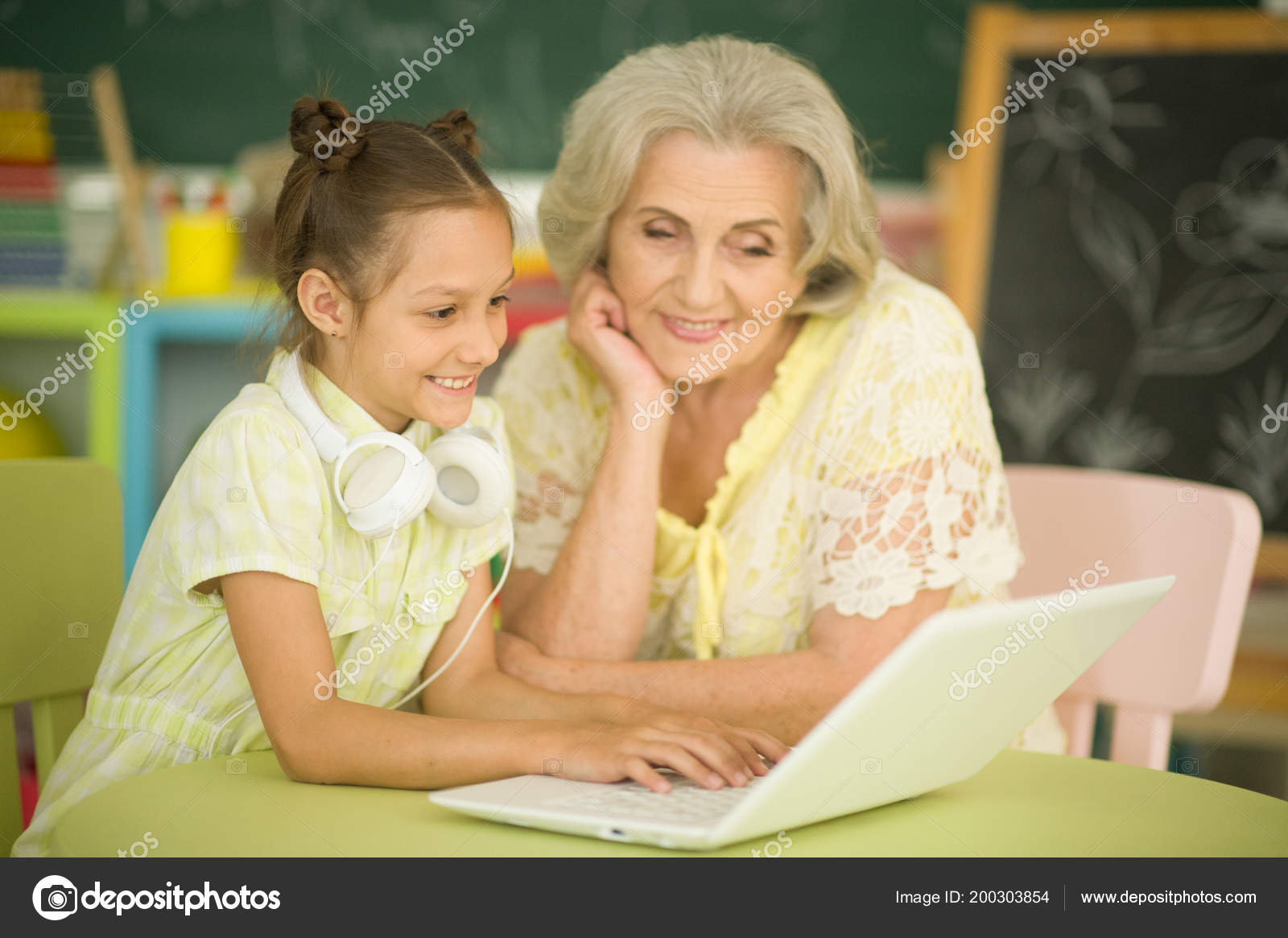 Portrait Grandmother Daughter Using Modern Laptop Home Stock Photo by ...