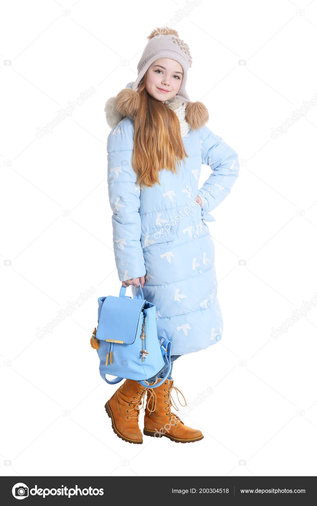 Happy Little Girl Posing Backpack Isolated White Background Stock Photo ...