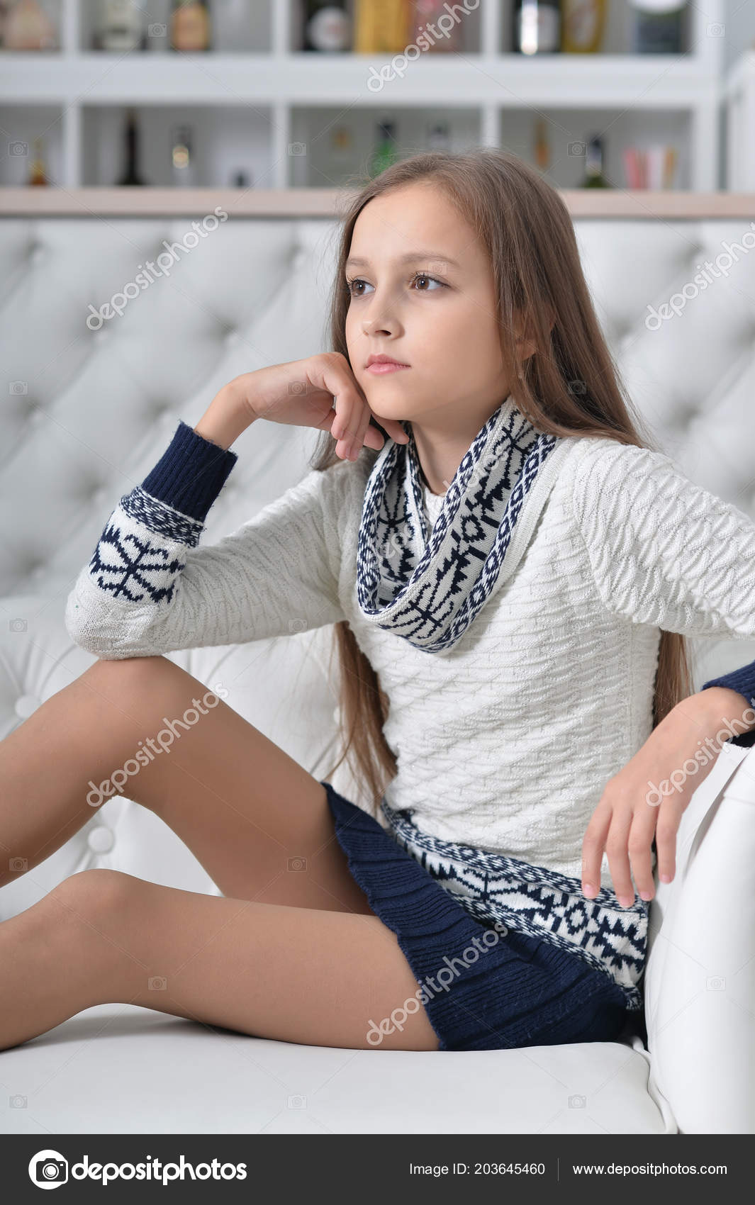 Portrait Cute Girl Posing Sofa — Stock Photo © aletia #203645460