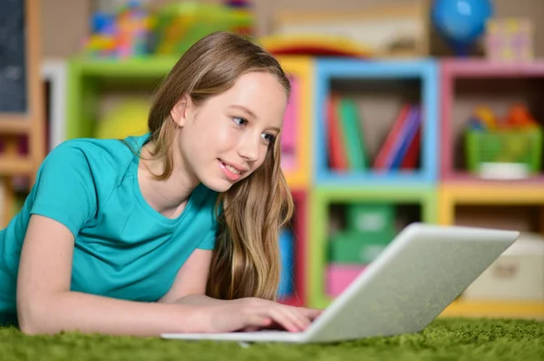 Cute Girl Laptop Computer Floor Stock Photo by ©aletia 225386442