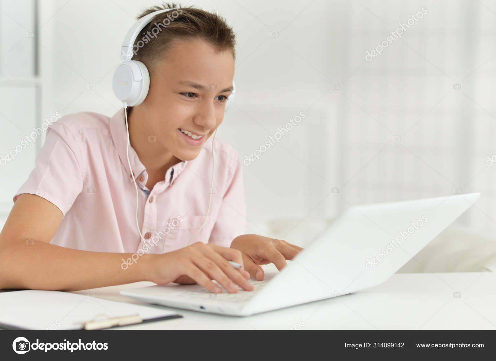 Cute Boy Using Laptop Room — Stock Photo © aletia #314099142