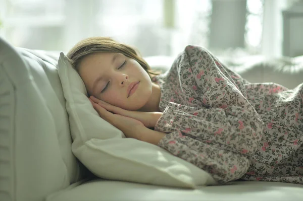 Cute Little Girl Sleeping Sofa — Stock Photo © aletia #390043378
