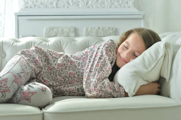 Cute Little Girl Sleeping Sofa — Stock Photo © aletia #390043378