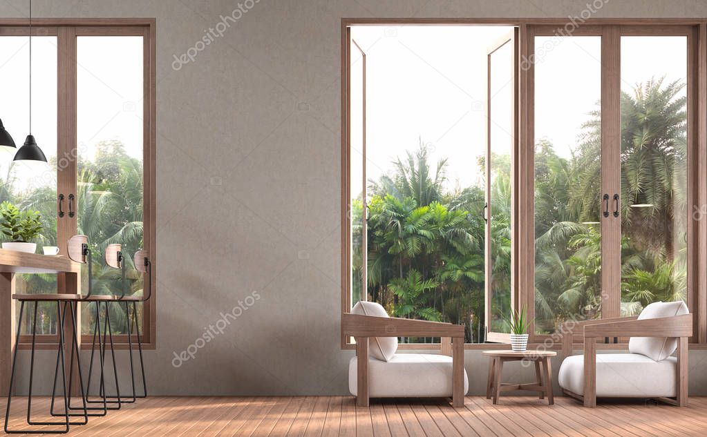 Moderno sal n contempor neo y comedor 3d render, Hay piso de madera amueblado con tela y muebles ...