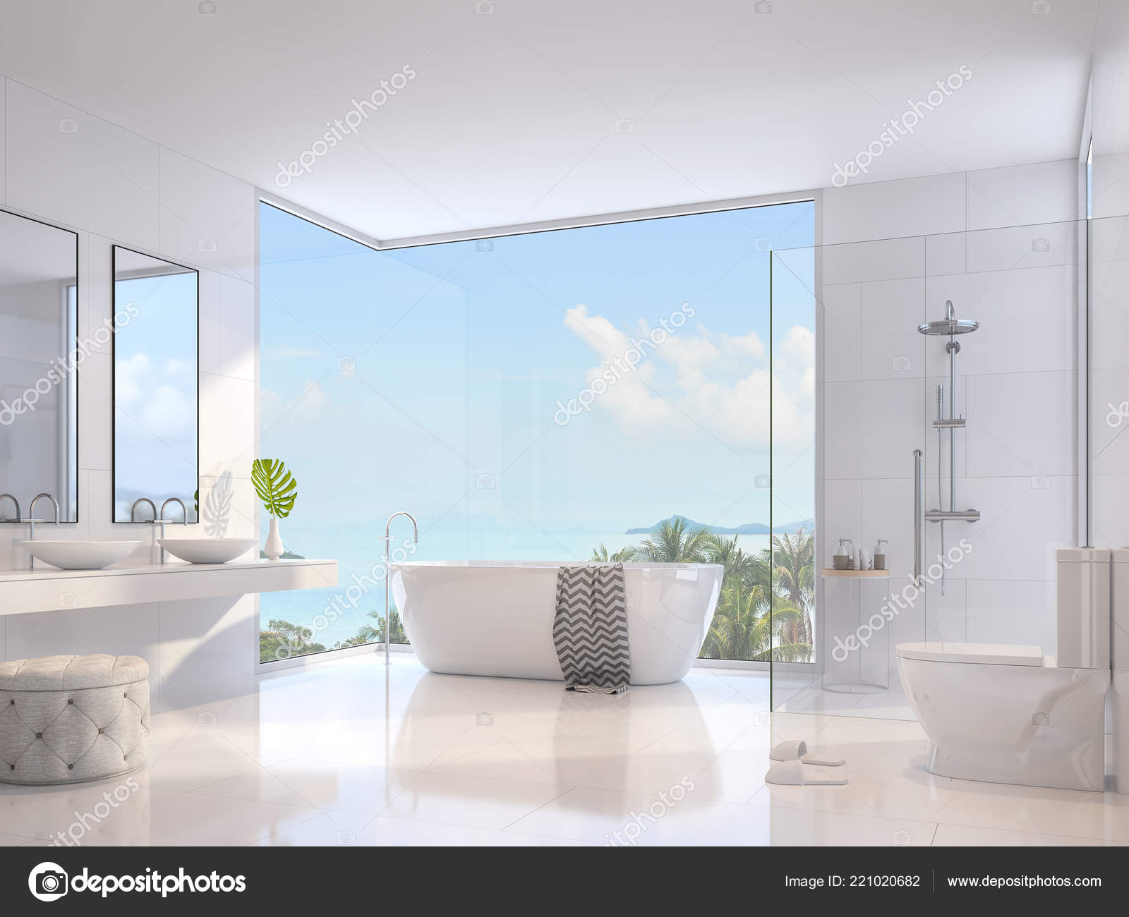 Luxury Bathroom Render Decorate White Sanitary Ware Glass Wall Shower ...