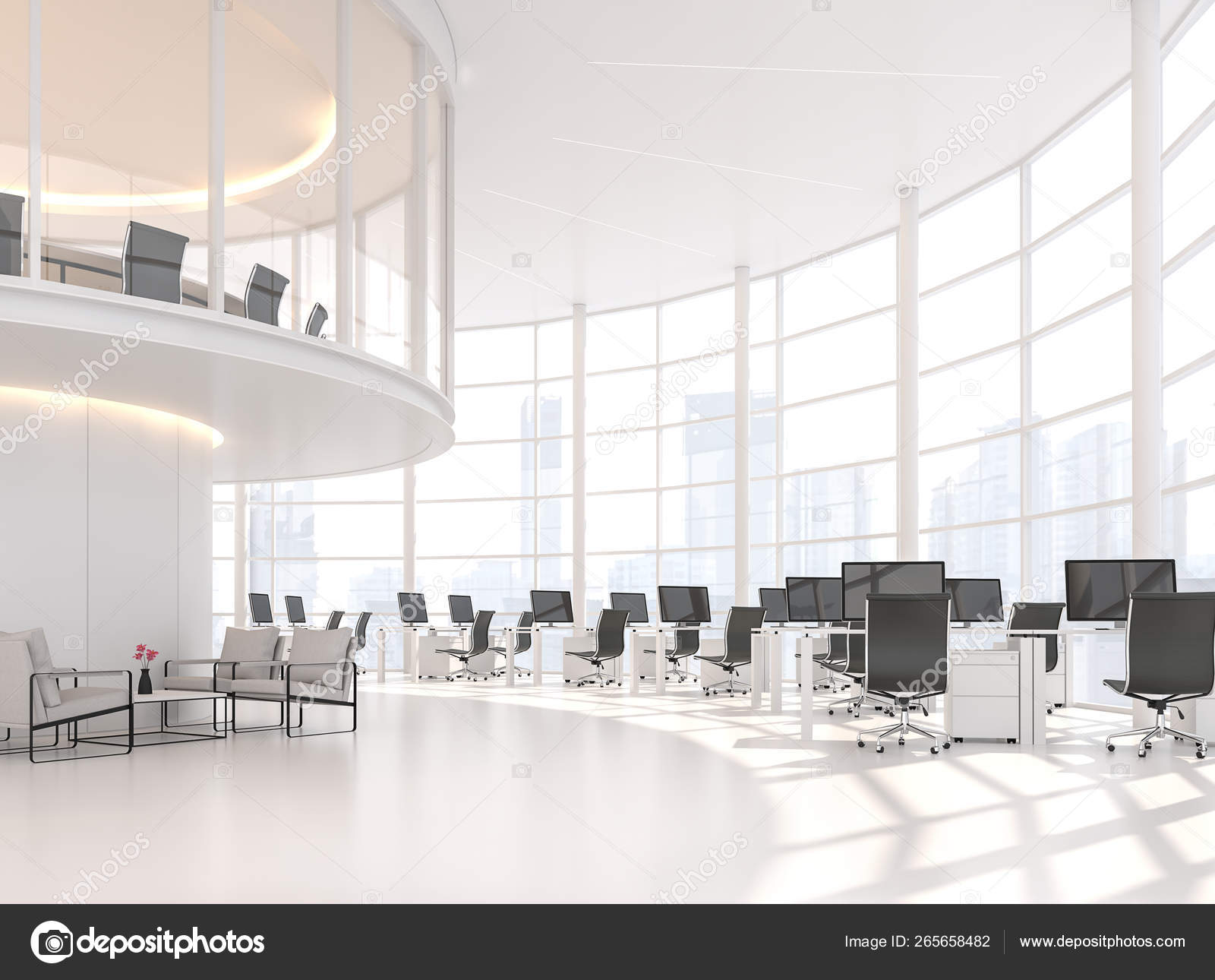 Modern White Curve Office Render High Ceiling Office Work Area Stock ...