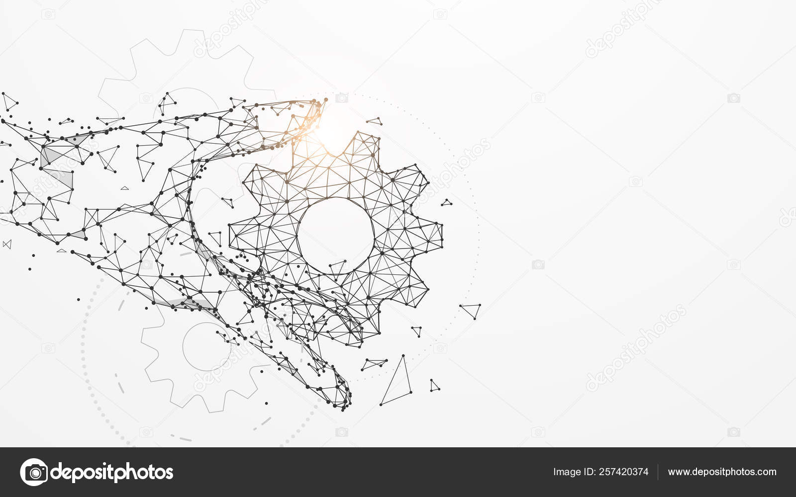 Hand holding gears from lines, triangles and particle style design ...
