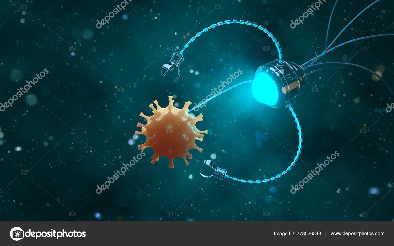 Medical concept in the field of nanotechnology. A nanobot studies or kills a virus. 3 d ...