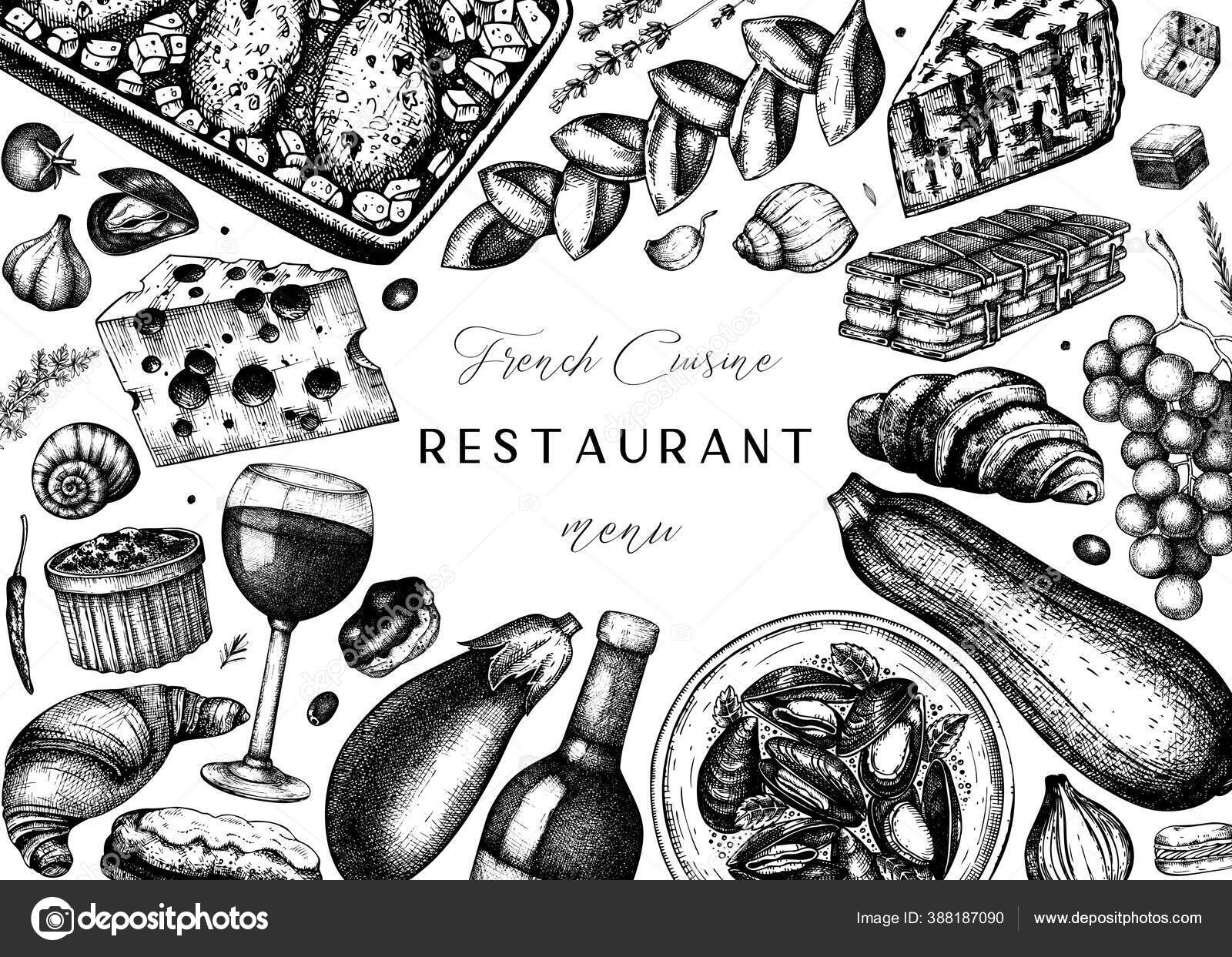 French Food Drinks Frame Design Engraved Style Meat Dishes Snacks ⬇ ...