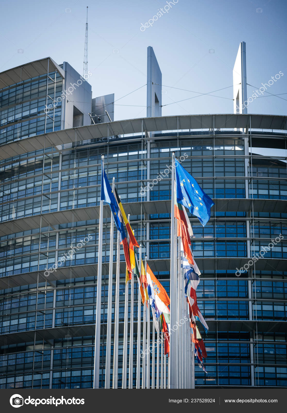 All European countries members flags waving Parliament elections ...