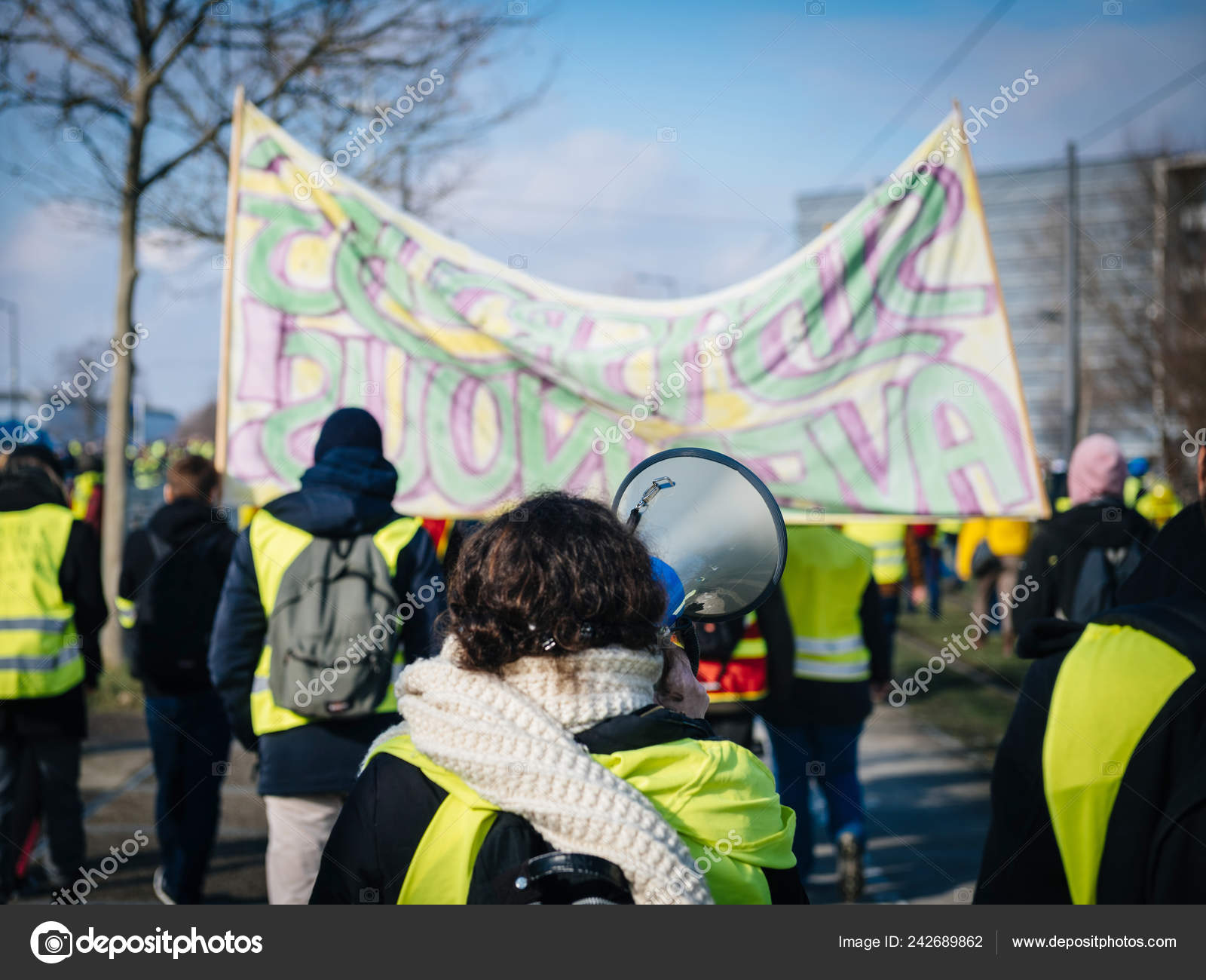 Woman yelling on megaphone protest France – Stock Editorial Photo ...
