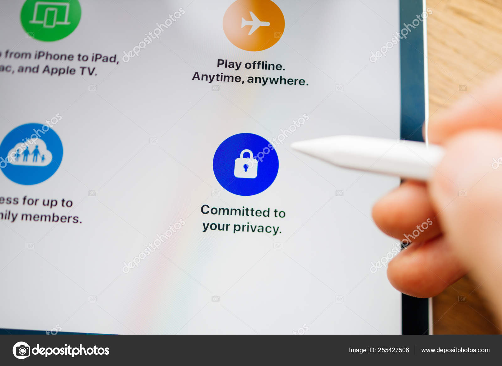 Apple Arcade features on iPad Pro tablet commited to privacy, — Stock ...