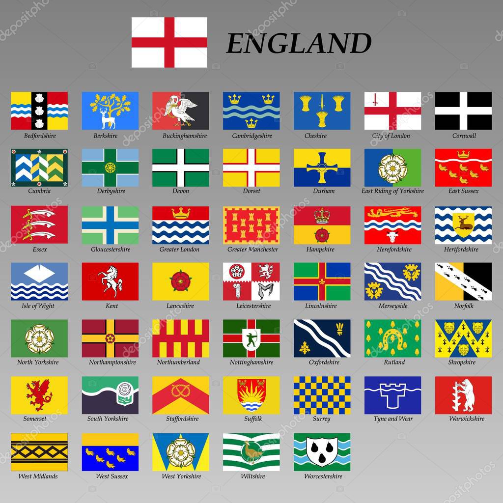 todas las banderas de las regiones de Inglaterra. 2023