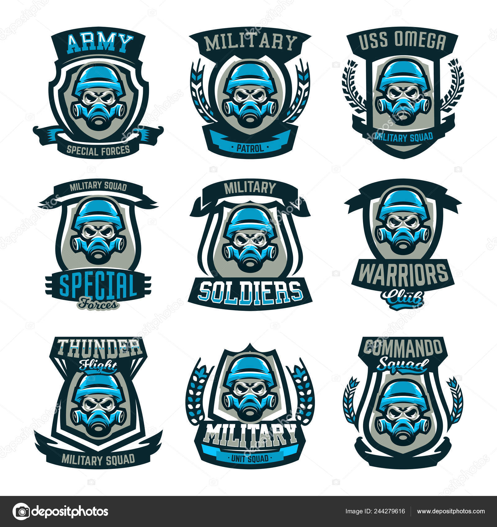 A set of colored emblems, logos, a skull in a military helmet and a gas ...