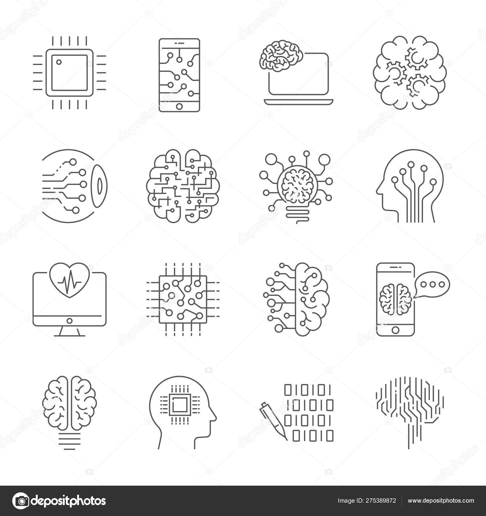 Simple set of artificial intelligence related line icons contains such ...