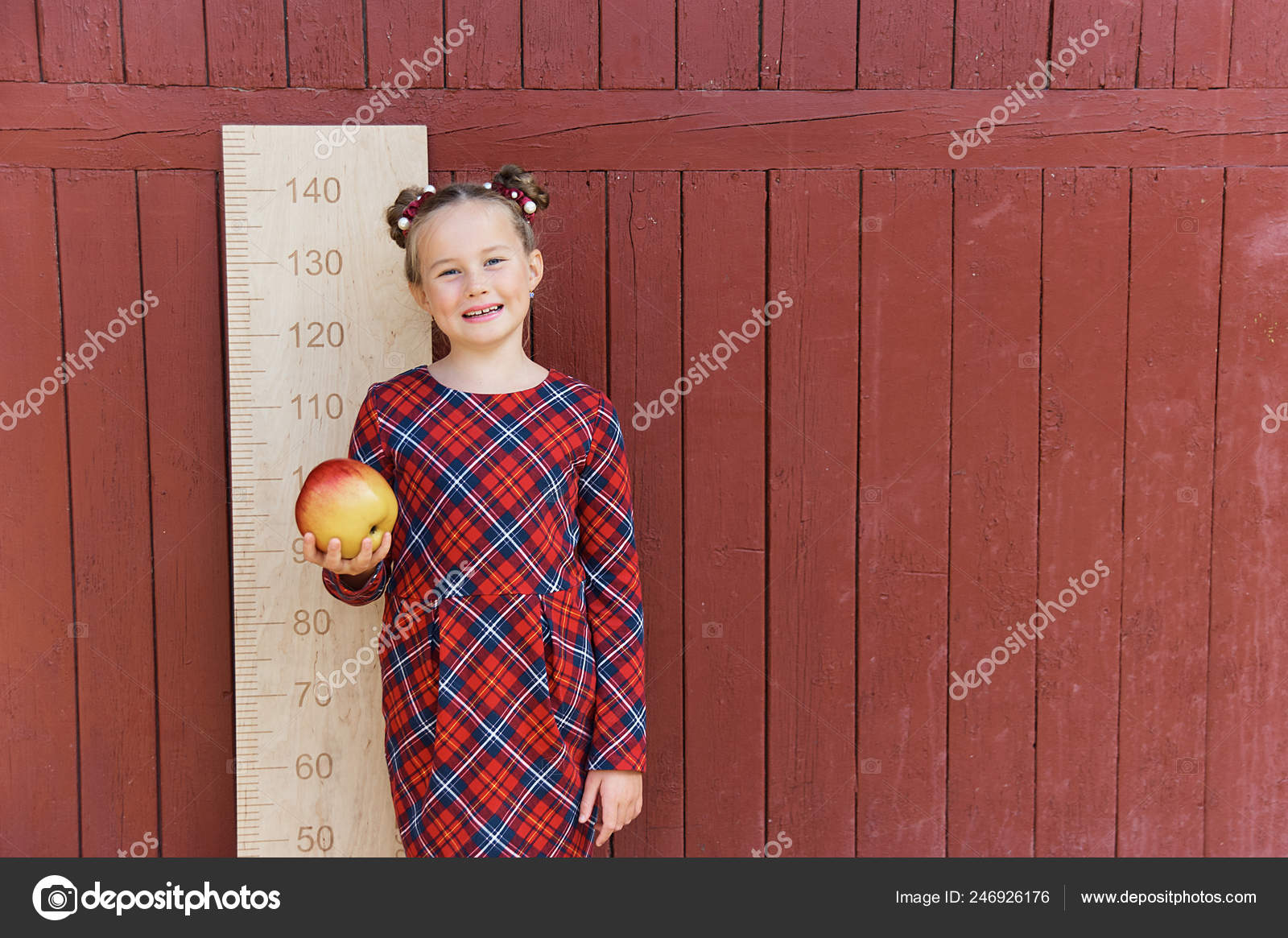 Girl Big Ruler Standing Red Wooden Background Farewell Bell Day — Stock ...