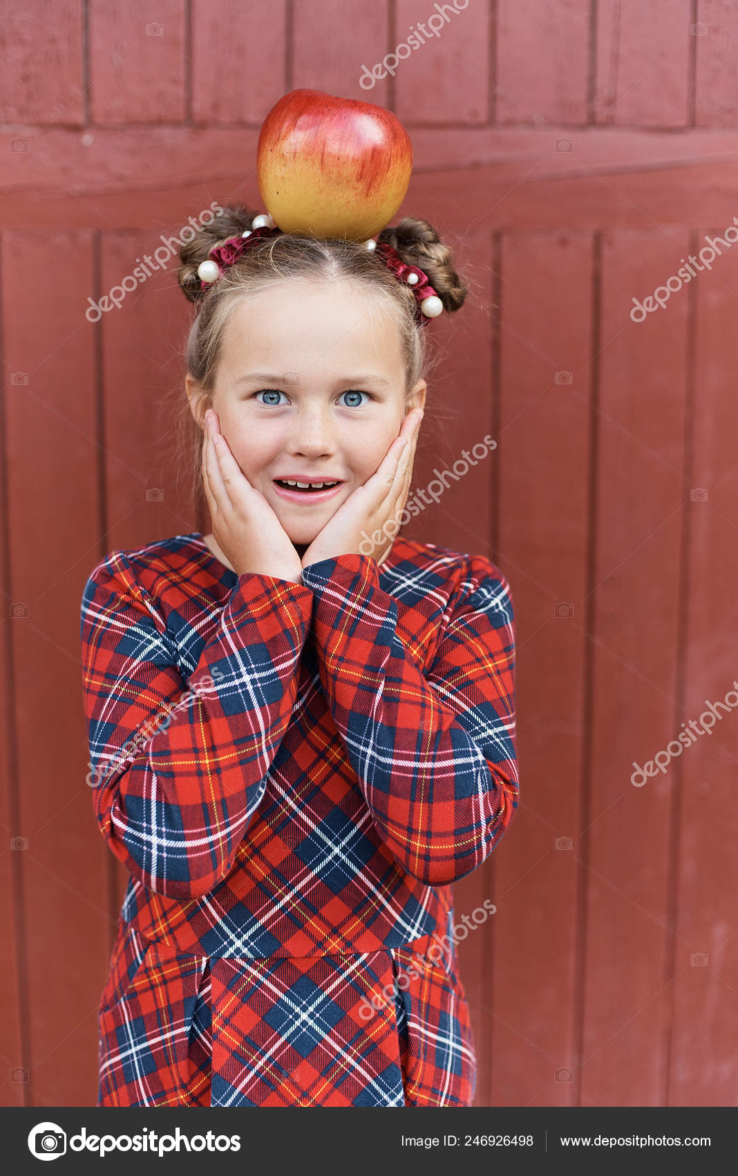 Girl Big Ruler Standing Red Wooden Background Farewell Bell Day Stock ...