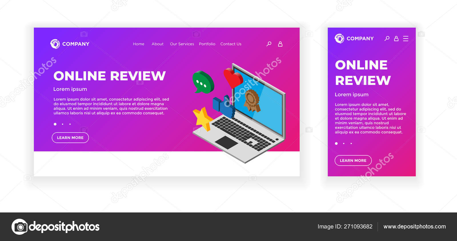 Landing web page concept design template. Online review theme. Laptop ...