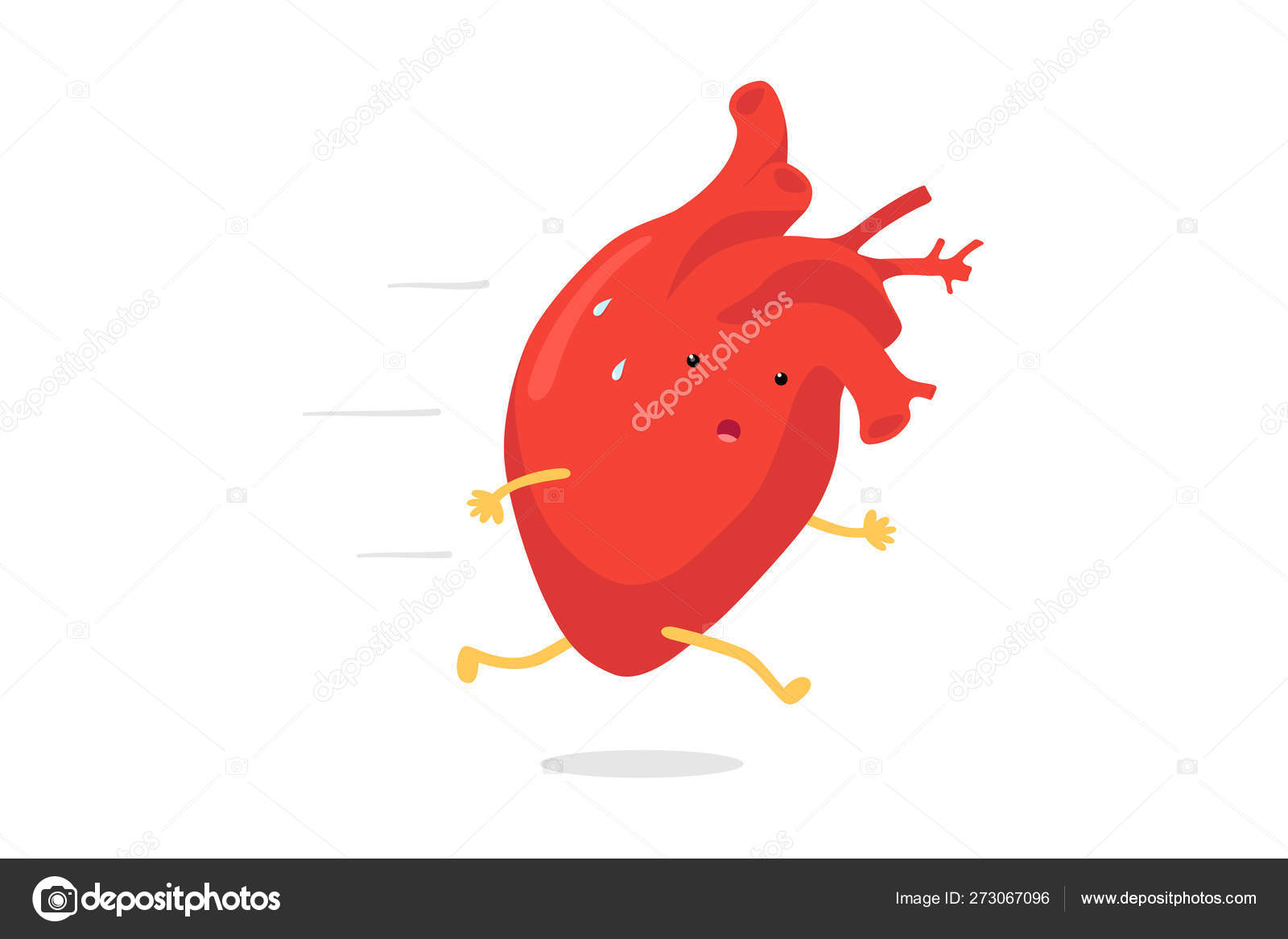 Cute cartoon heart character with sweat drops on forehead fast running ...