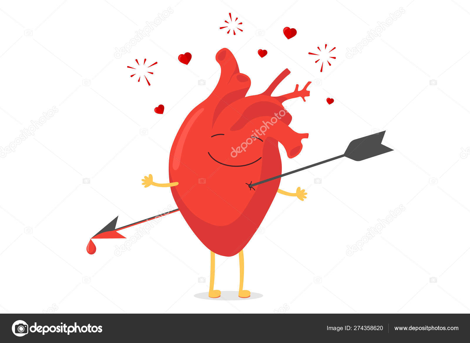 Cute cartoon human heart character pierced being shot by arrow emoji ...