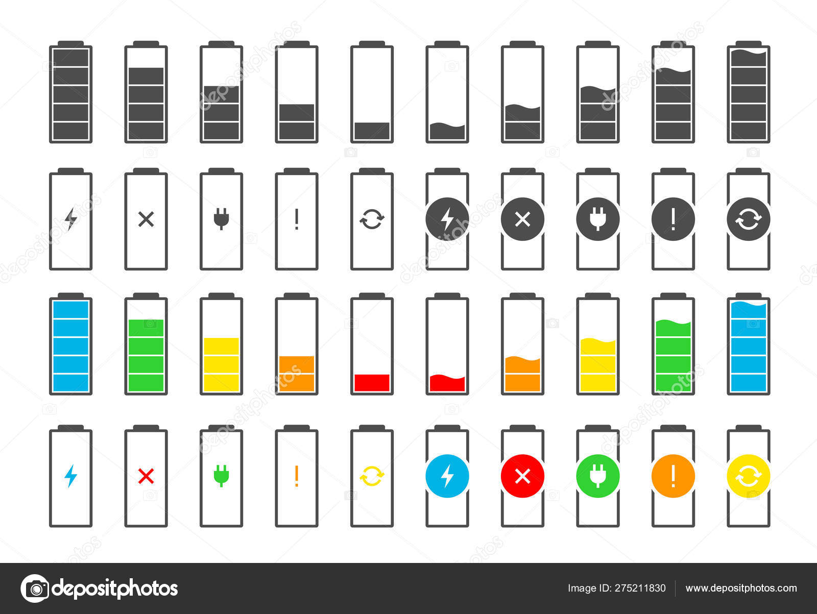 Battery charge indicator colorful icon set. Charging level full power ...