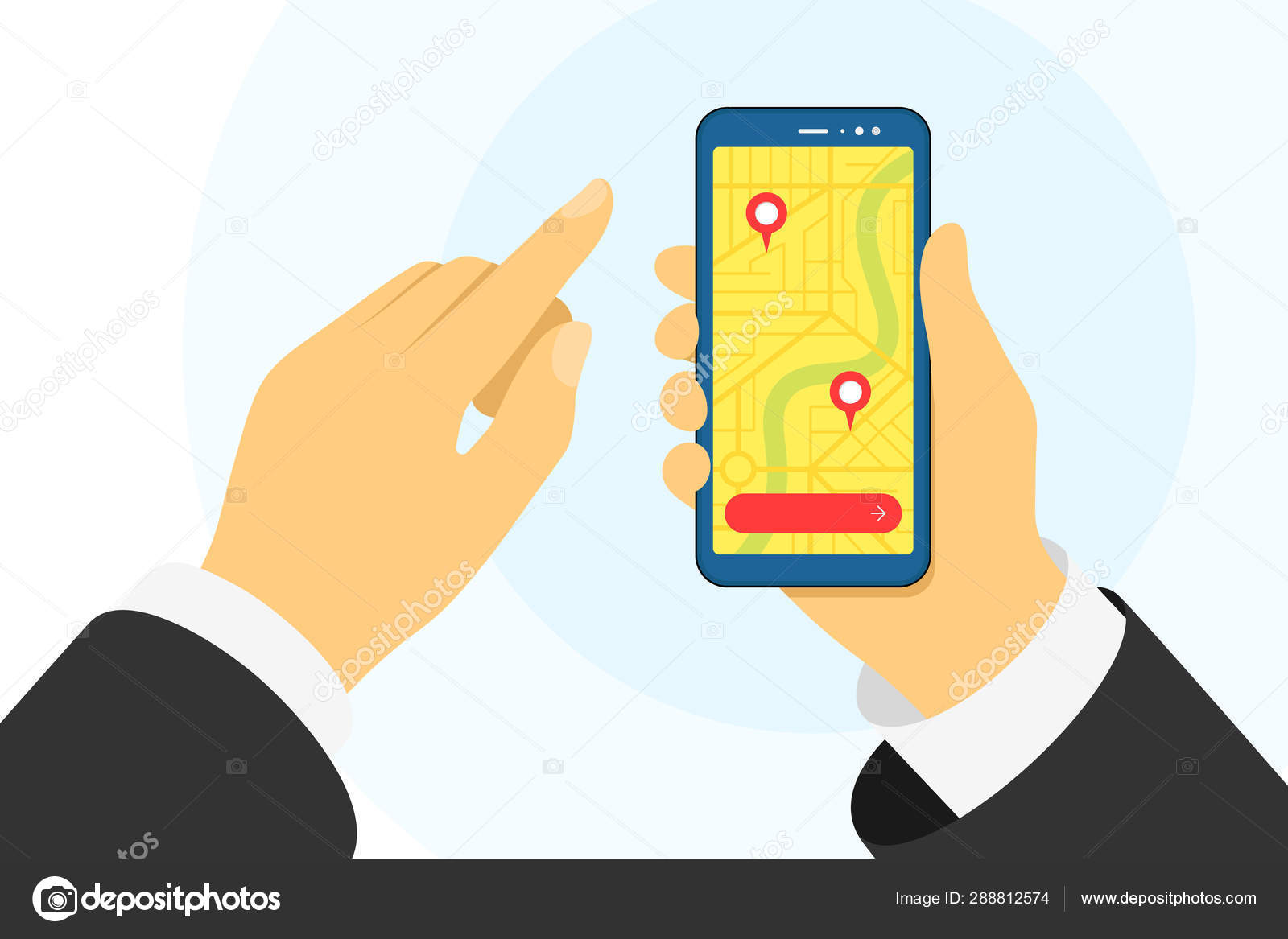 Hand holding phone and city map with gps navigation marker pins ...