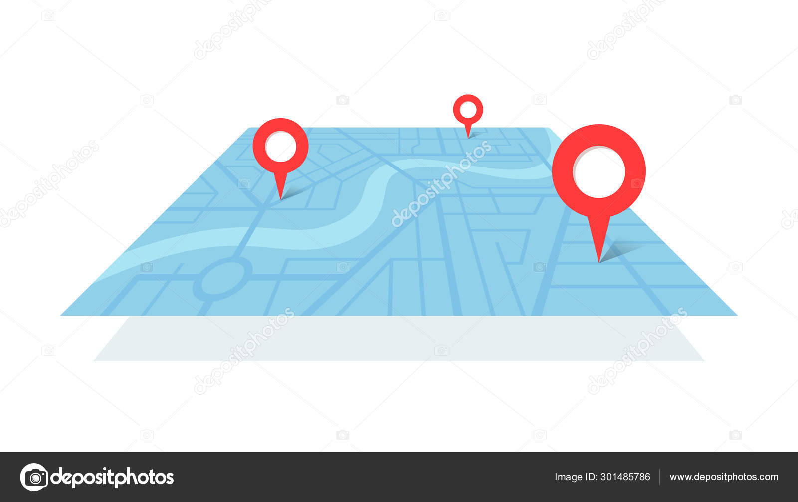 City street map plan with GPS place pins and navigation route from A to ...