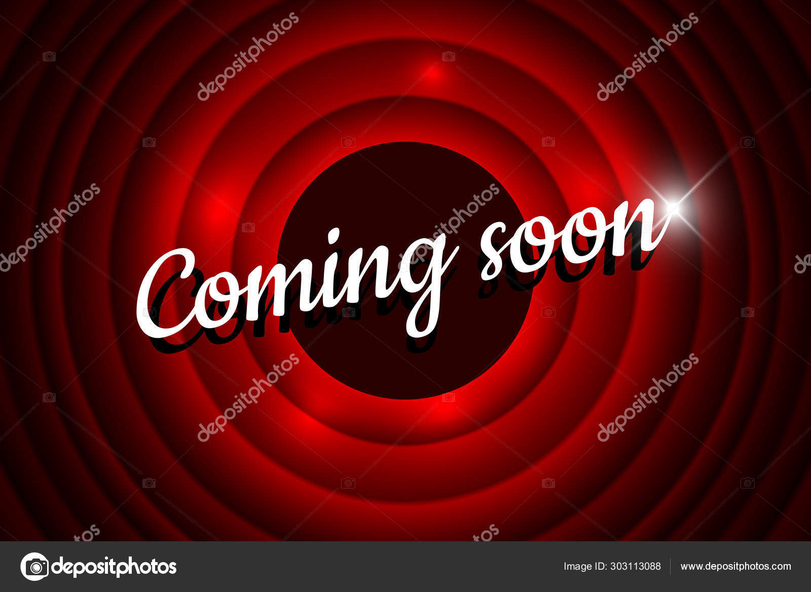 Coming soon handwrite title on red round background. Old cinema movie ...