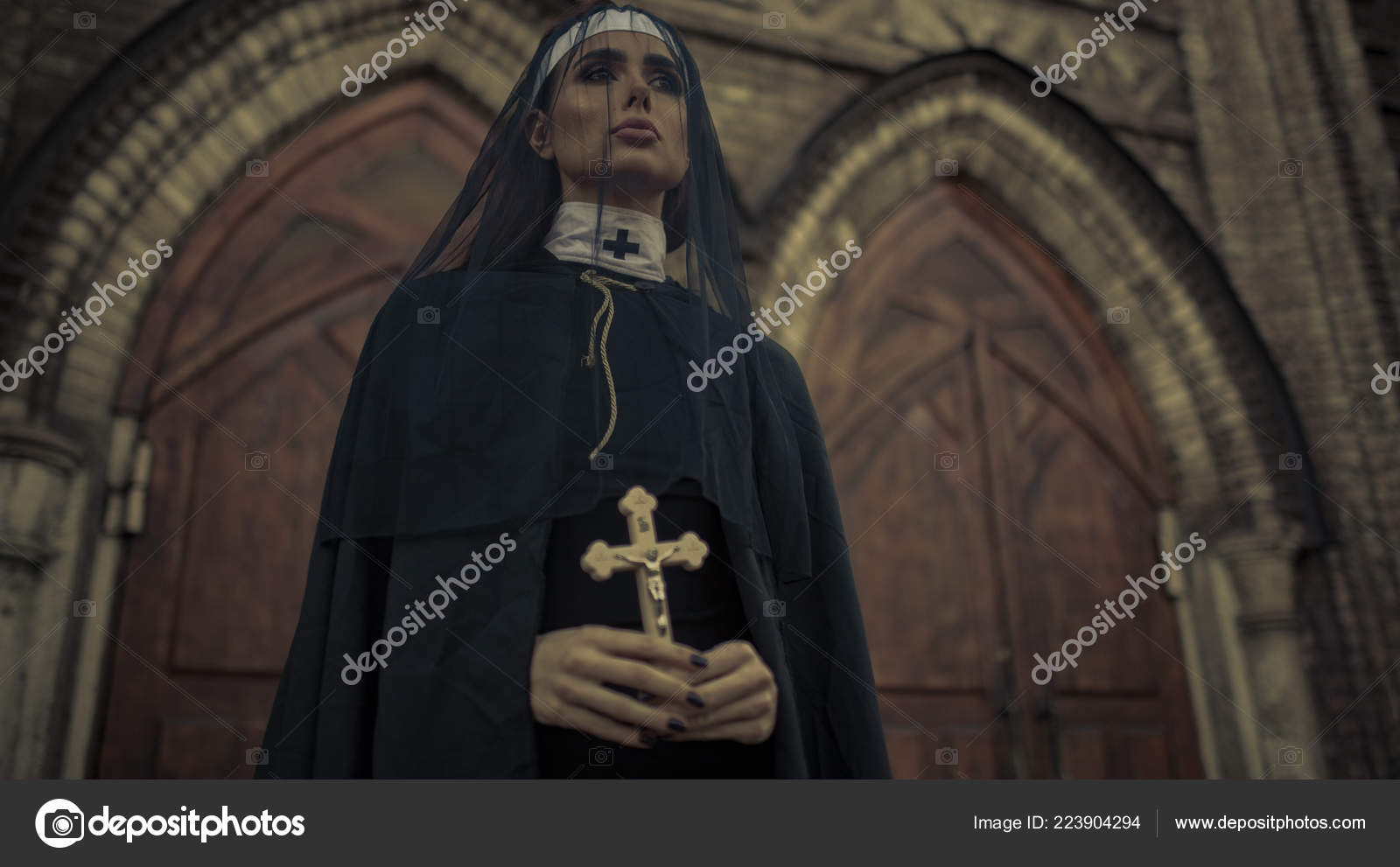 Beautiful Young Nun Black Cassock Cloak Transparent Cape Standing ...