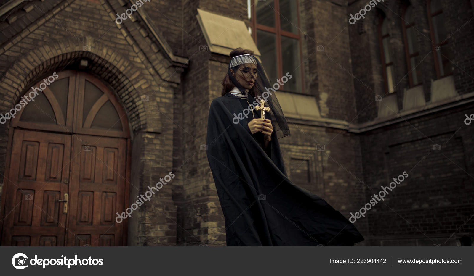 Beautiful Young Nun Black Cassock Cloak Transparent Cape Standing ...