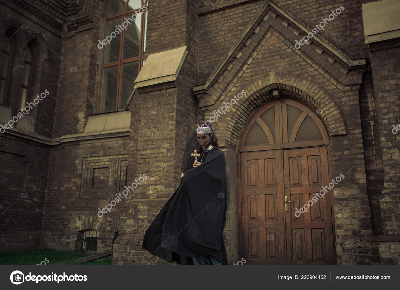 Beautiful Young Nun Black Cassock Cloak Transparent Cape Standing ...