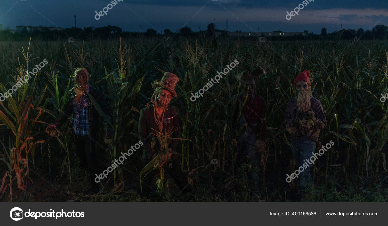 Four Undead Zombies Stand Edge Cornfield Night Panorama Stock Photo by ...