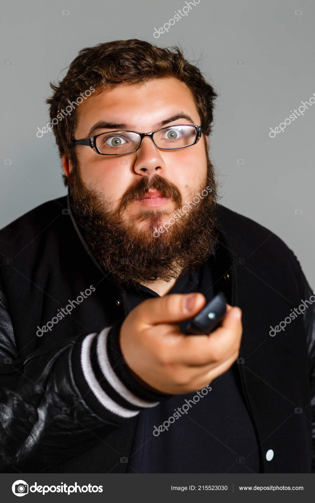 Irritated Man Holding Remote Control Try Watching Isolated Gray ...