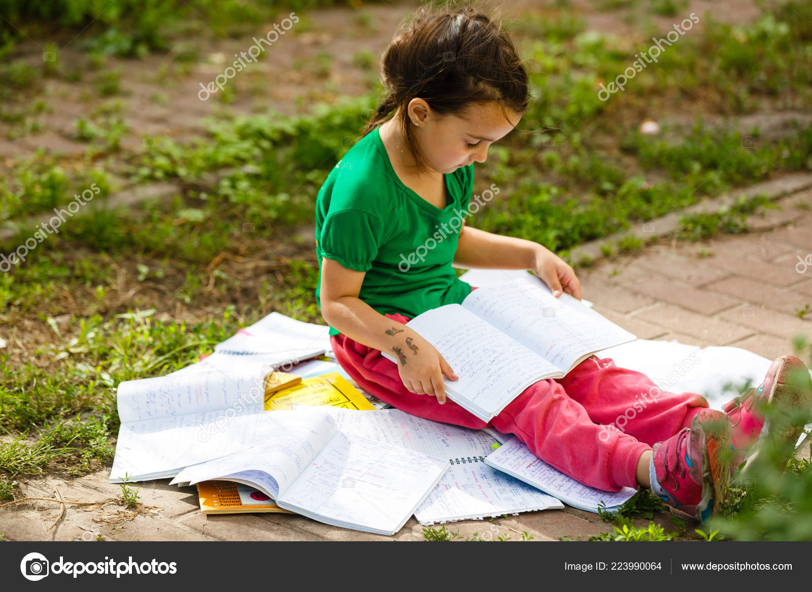 Little Girl Doing Homework Grass Green Spring Park Stock Photo by ...