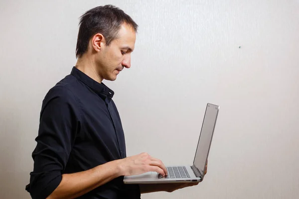 Smiling Young Man His Laptop White Background Stock Photo by ©sinenkiy ...