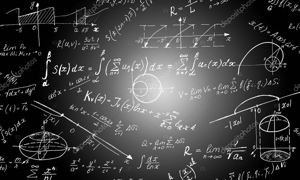 Fórmulas matemáticas escritas con tiza blanca en pizarra 2024