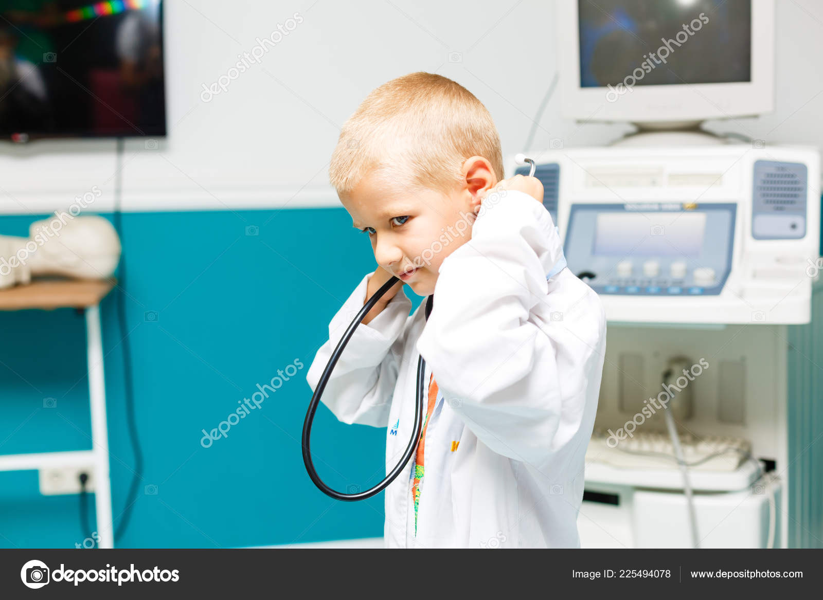 Little Boy Medical Uniform Playing Stethoscope Stock Photo by ©sinenkiy ...