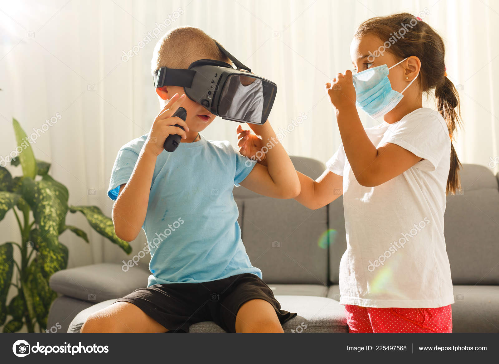 Brother Sister Using Virtual Reality Headsets Living Room Stock Photo ...
