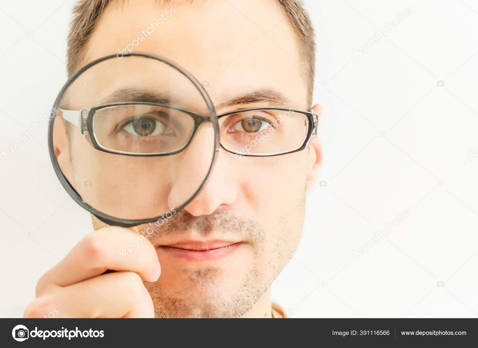Man Looking Magnifying Glass Isolated White Background — Stock Photo ...